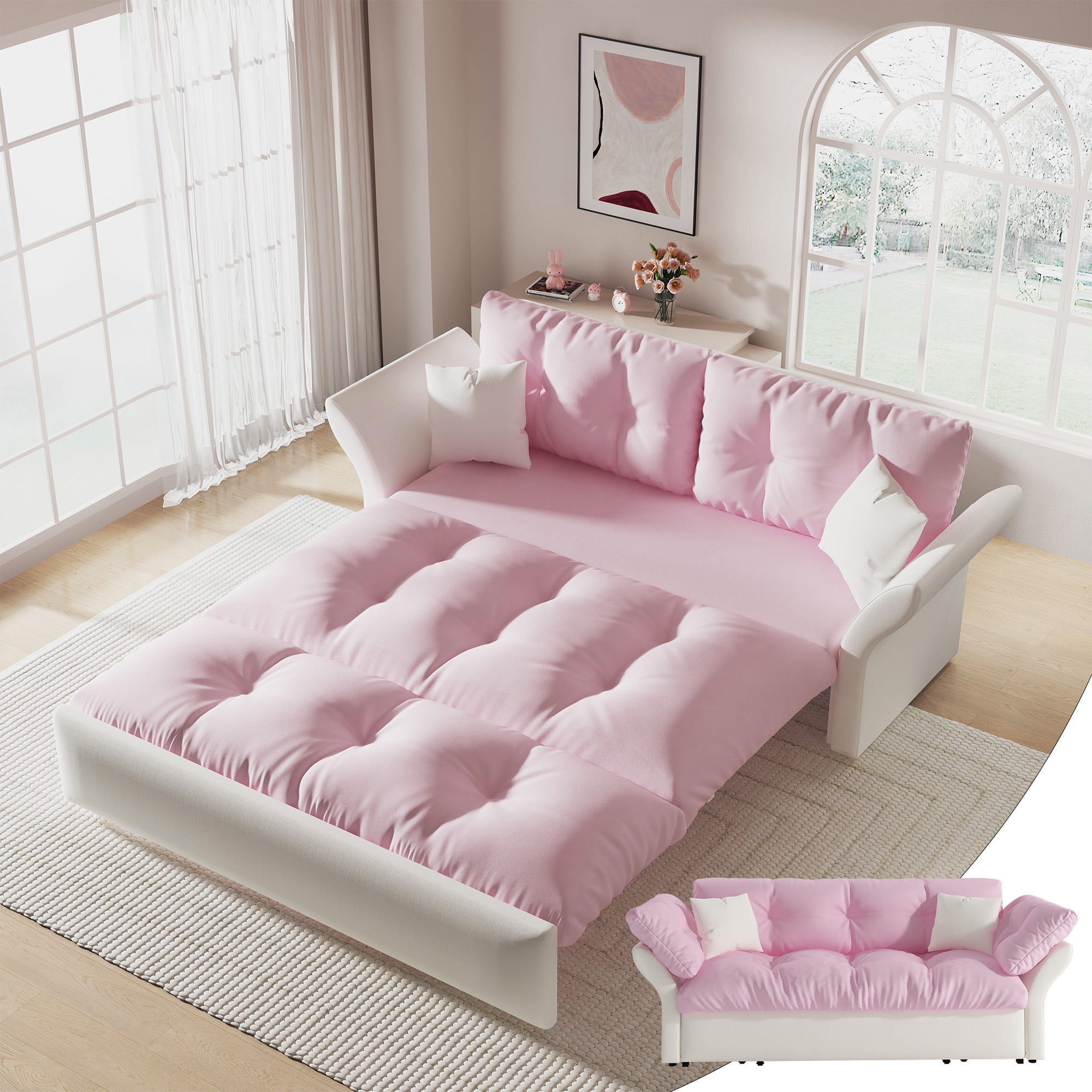 74.8" Pink Queen Size Sleep Sofa Bed Couch with Hidden Storage,Velvet 3 ...