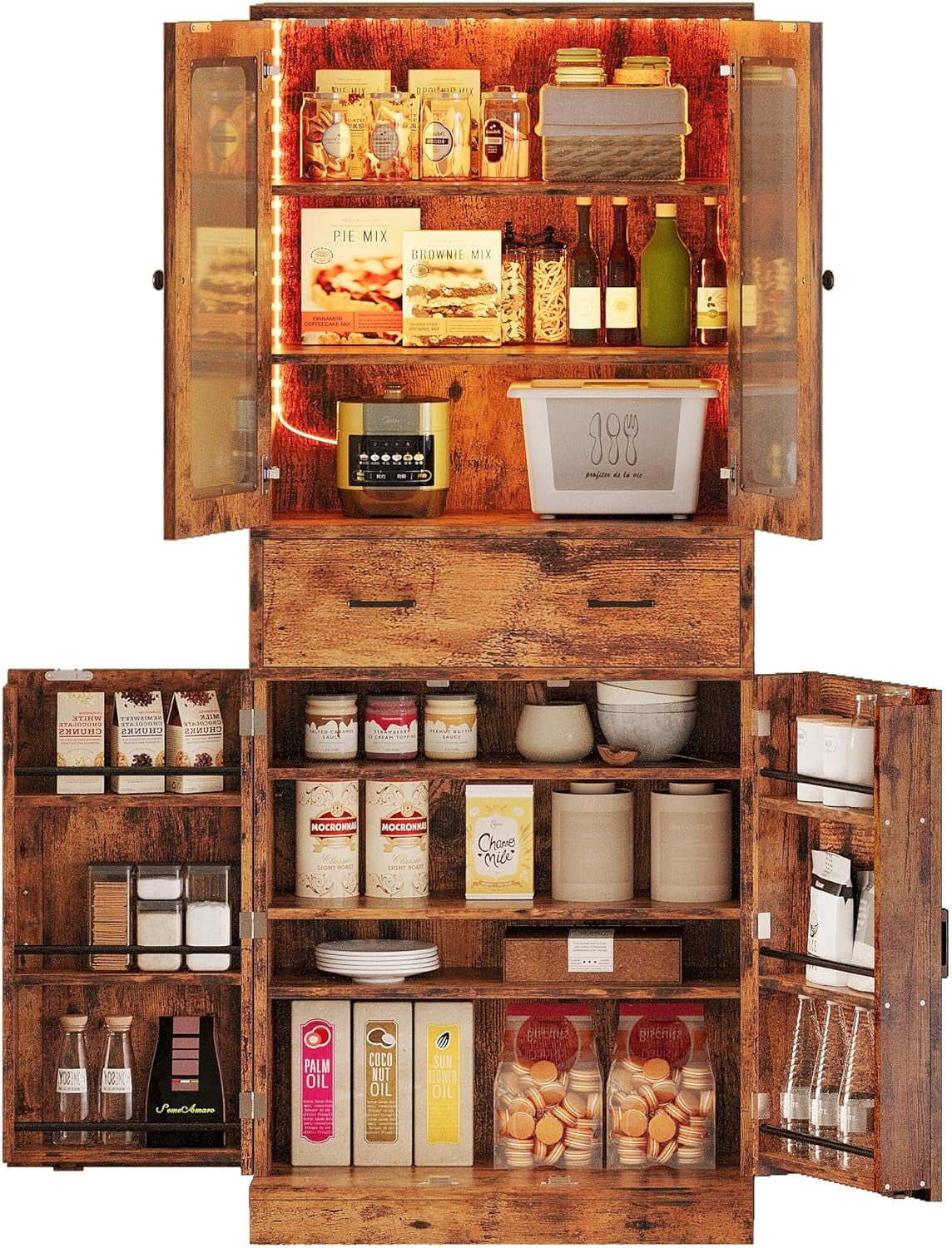 74.8" Tall Kitchen Pantry, Storage Cabinet with LED Lights, Kitchen ...