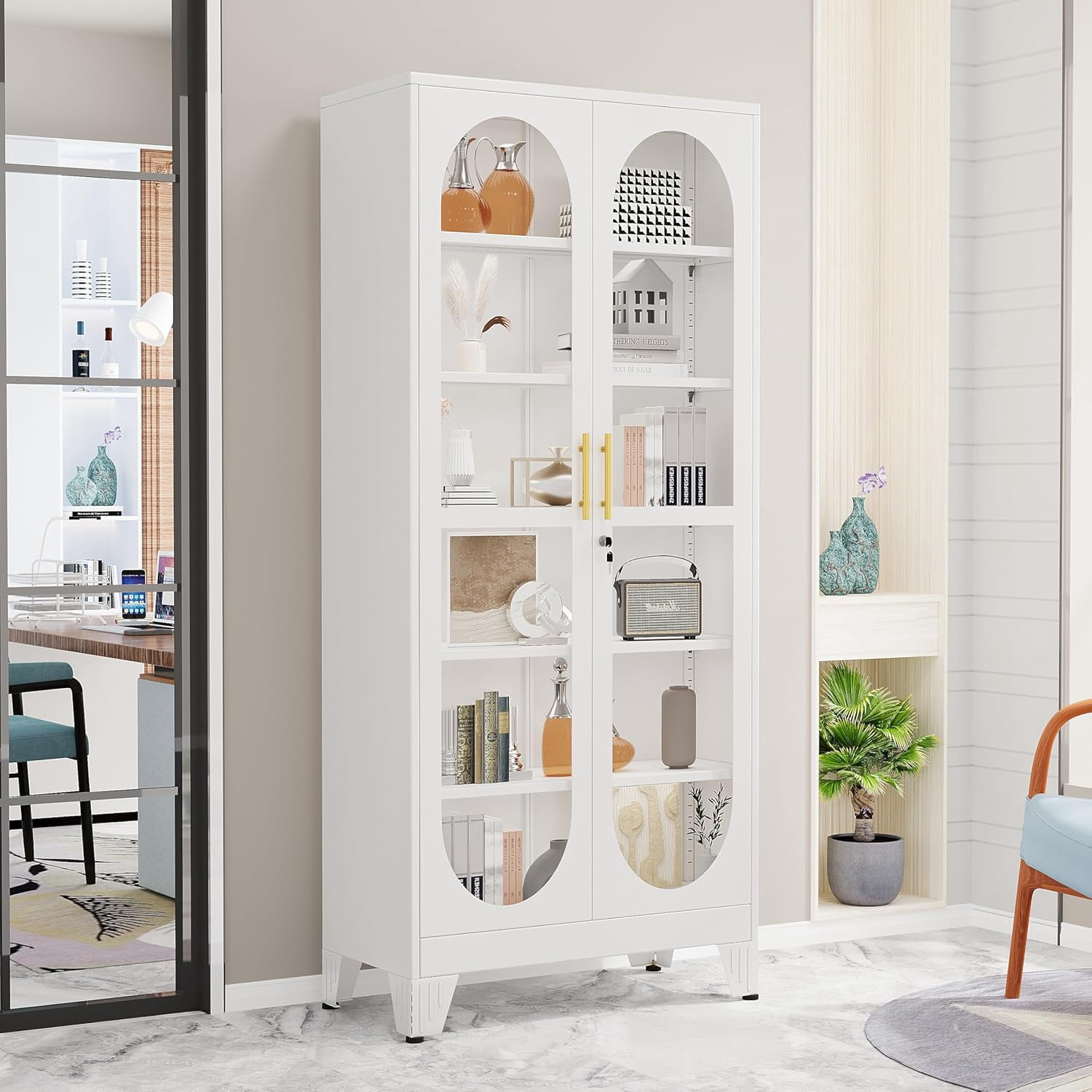 74.8" Tall Metal Curio Cabinet, Display Cabinet with Glass Door, 6 Tier ...