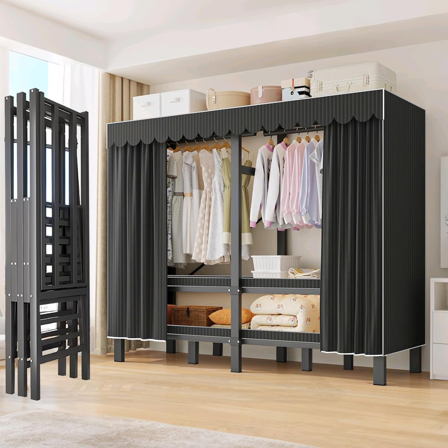 74.8in Heavy Duty Clothe Rack with Cover Foldable Portable Wardrobe ...