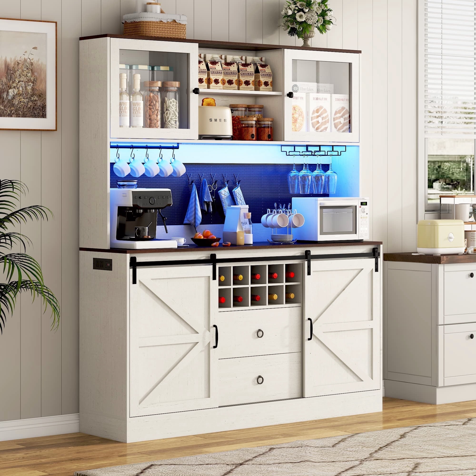 74" Farmhouse Kitchen Pantry Storage Cabinet with LED Light & Charging ...