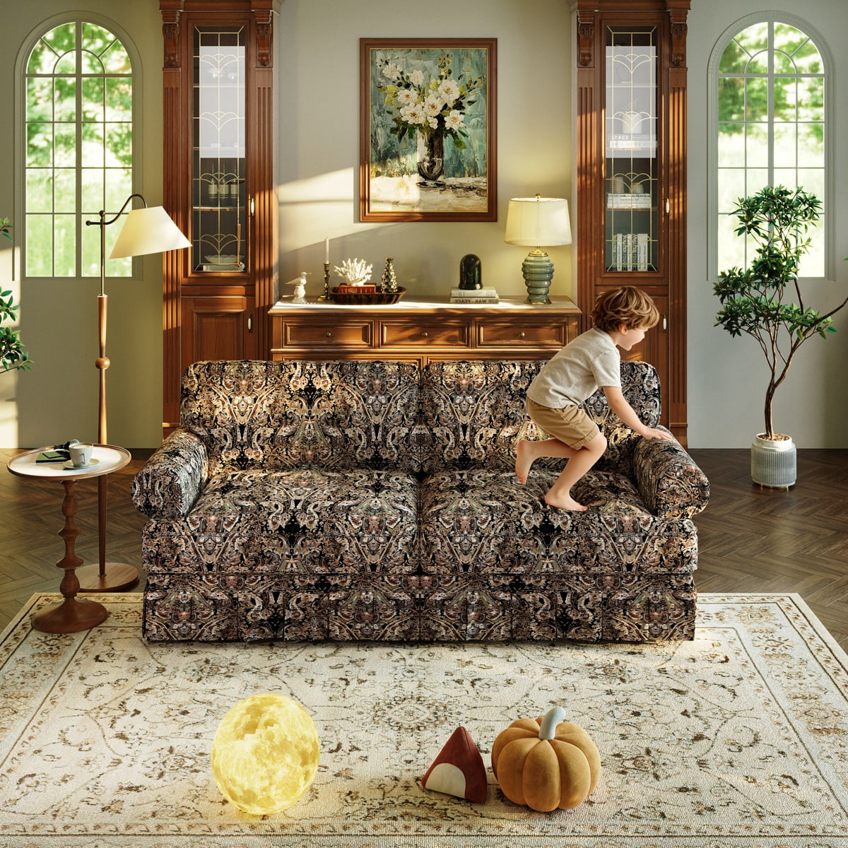 74'' Floral Pattern Love Seat with Ruffled Skirt, Vintage Mid-Century ...