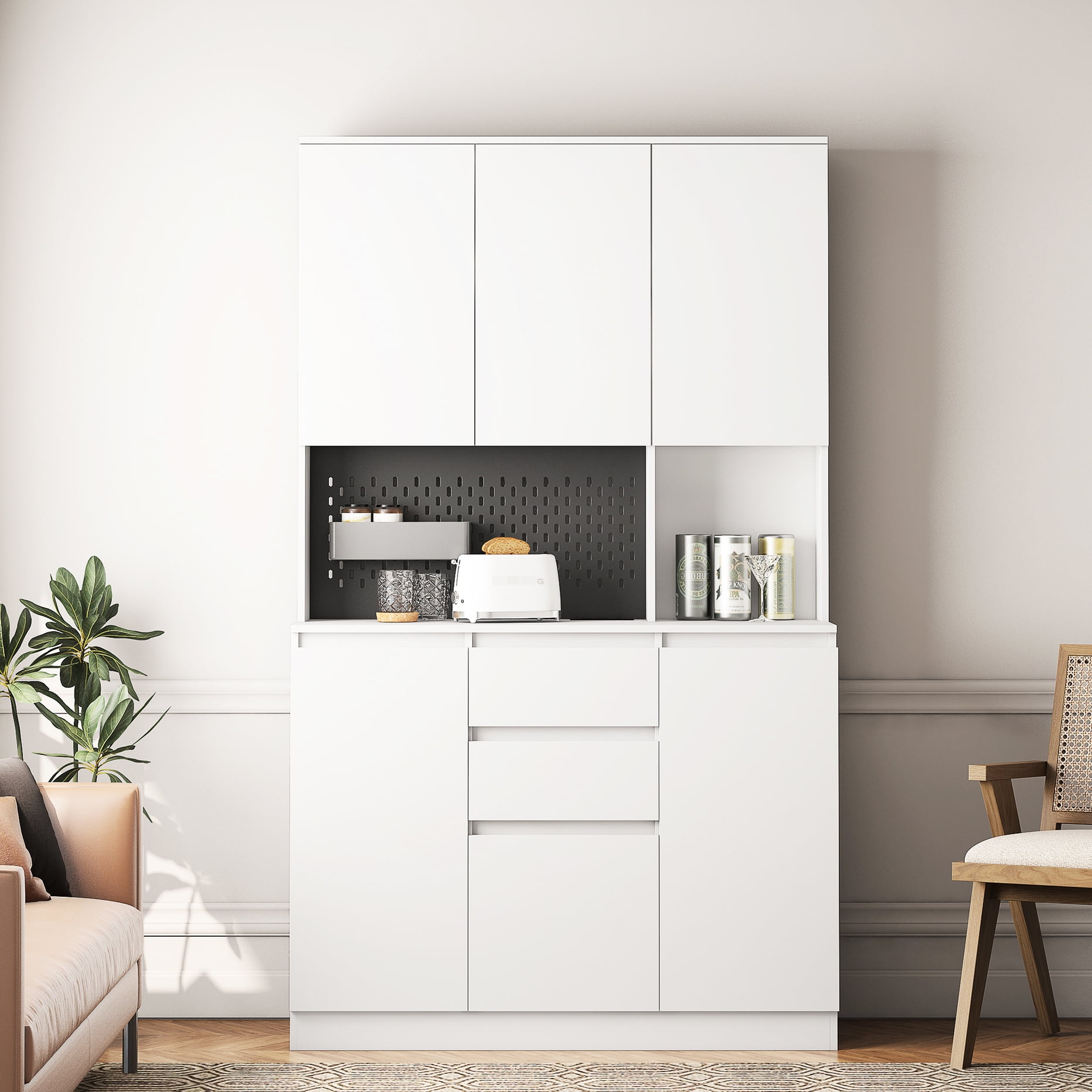 74" Freestanding Kitchen Cabinet - Modern Buffet Cupboard With Charging ...
