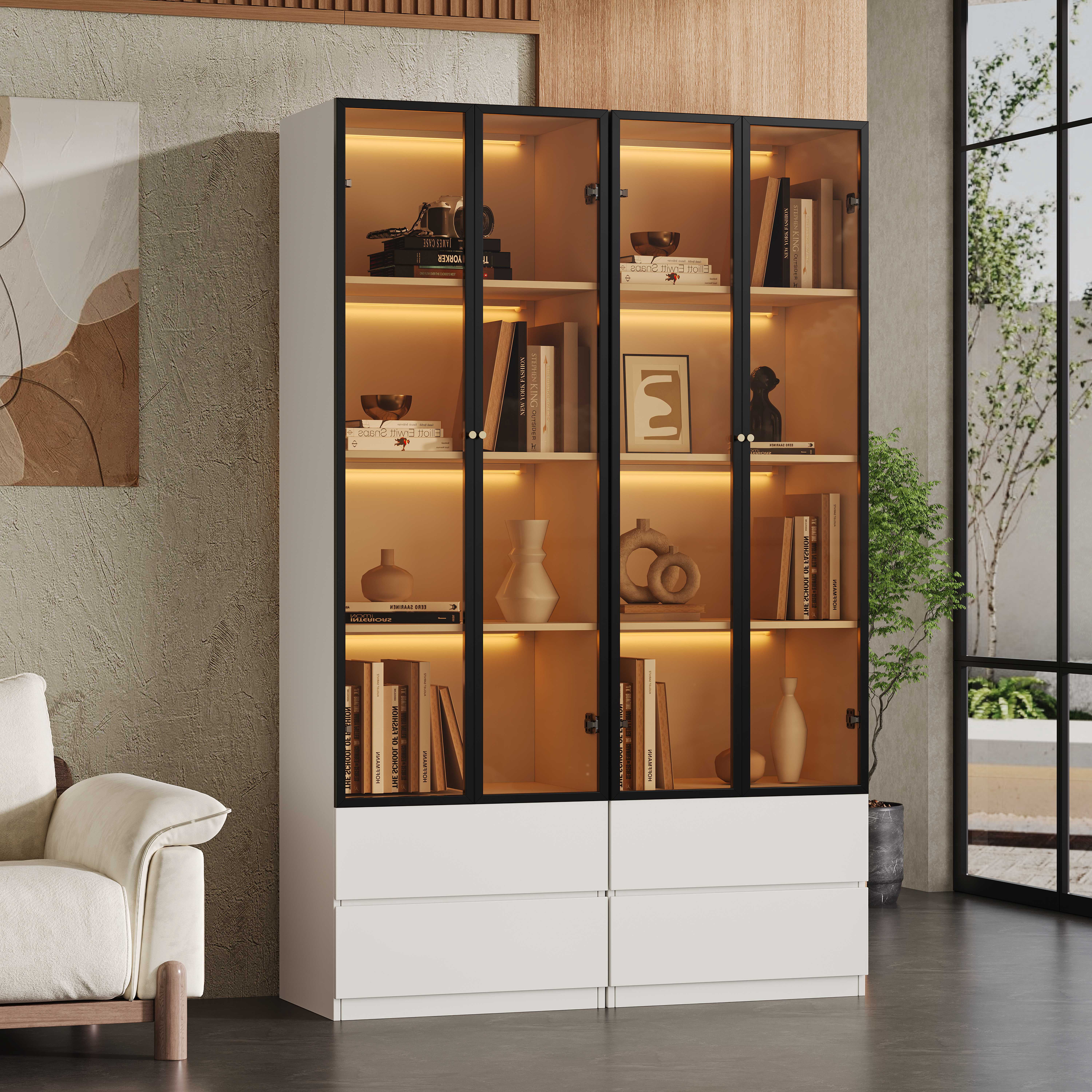 74''H Modern Glass Display Shelves with Storage, White Wooden 4-Tier ...