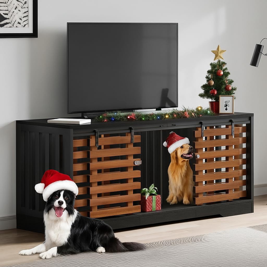 74 Inch Double Dog Crate Furniture for 2 Dogs & 2 Feeder Bowls Heavy ...