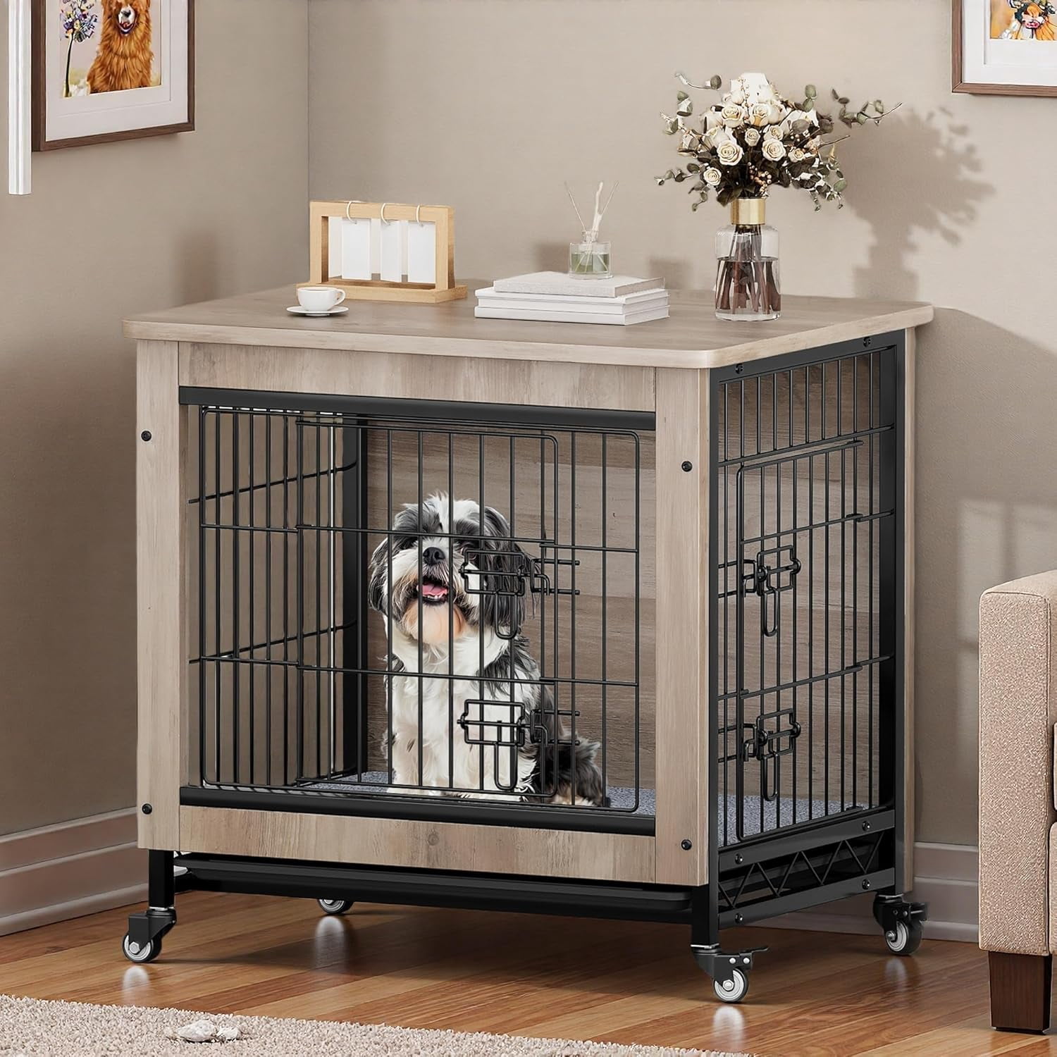 Double Dog Crate Furniture for Dogs & Feeder Bowls Heavy Duty Wooden ...
