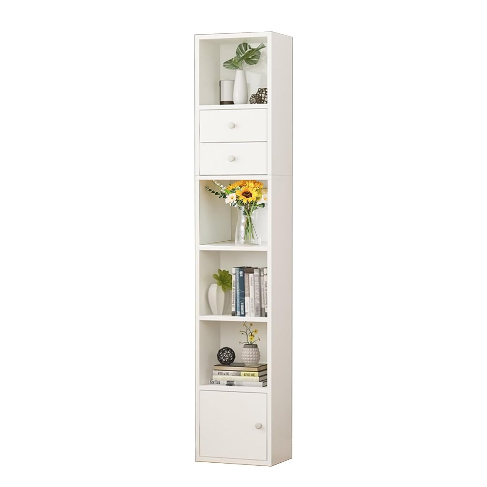 74 Inches Tall Narrow Bookshelf, 6 Tier Corner tall Bookcase with Doors ...