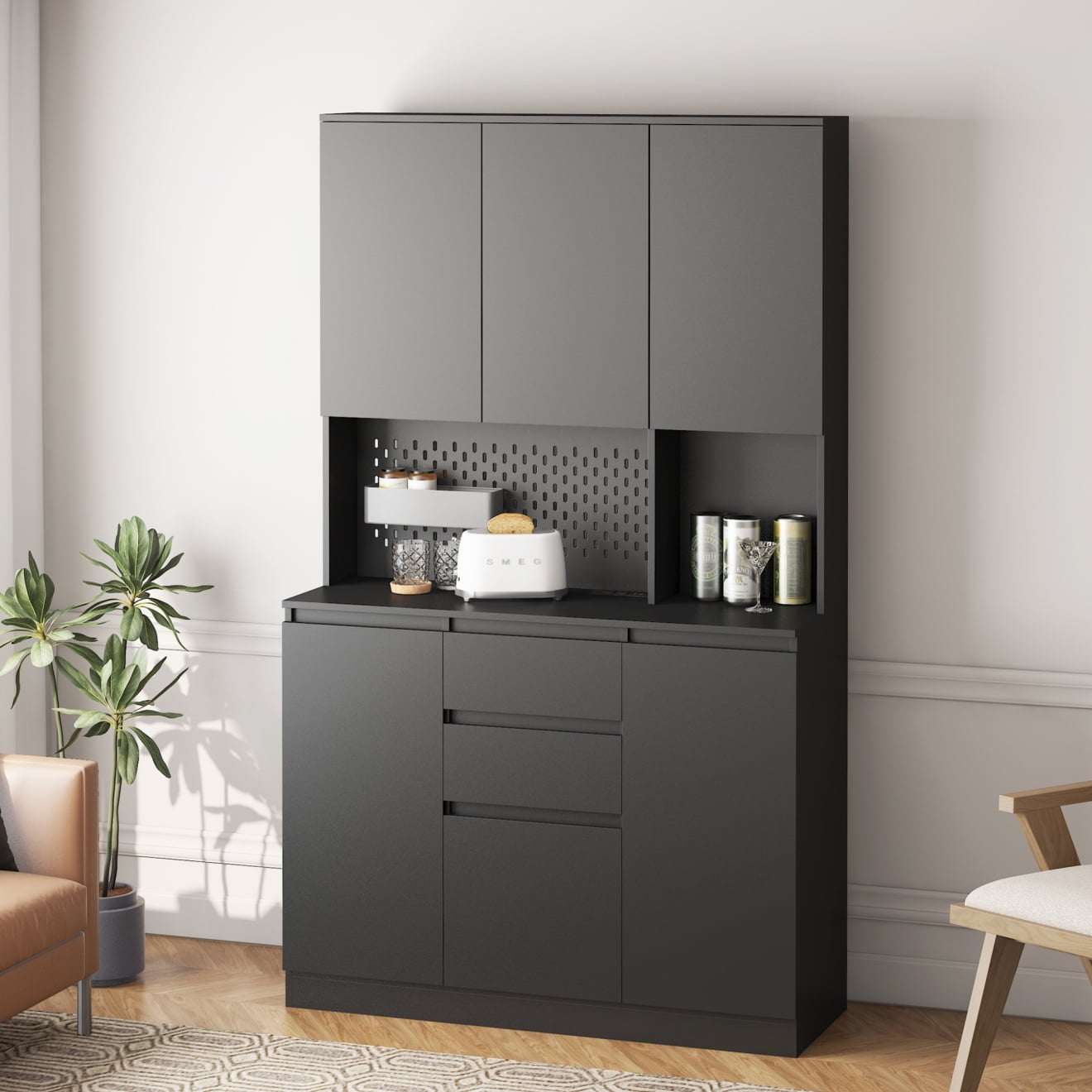 74" Kitchen Pantry Cabinet with Charging Station, Modern Freestanding ...