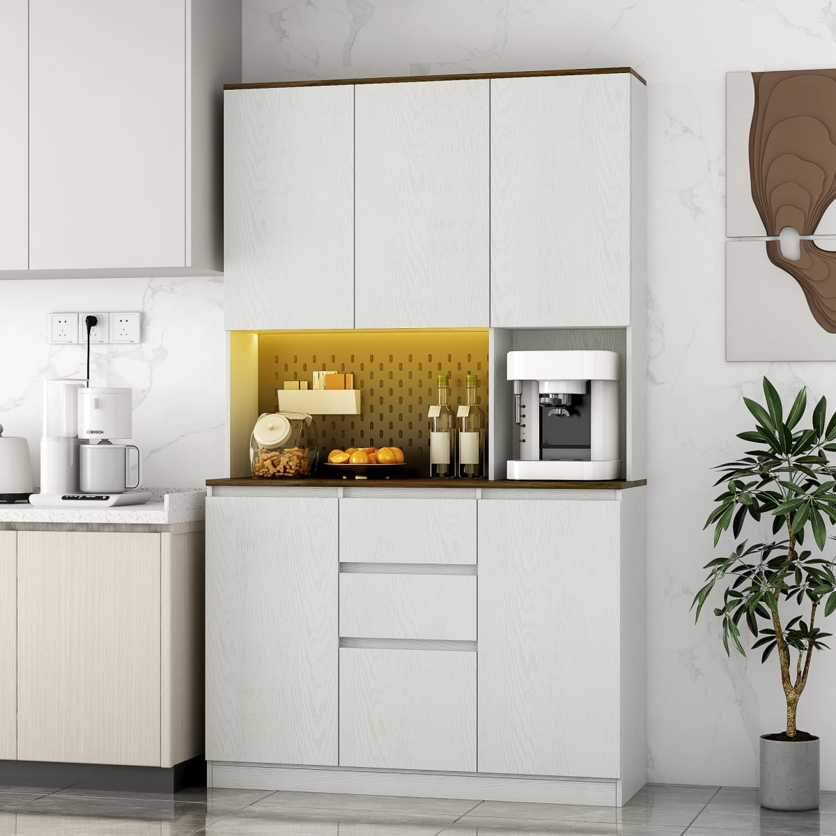 74" Kitchen Pantry Cabinet with LED Lights and Charging Station, Modern ...