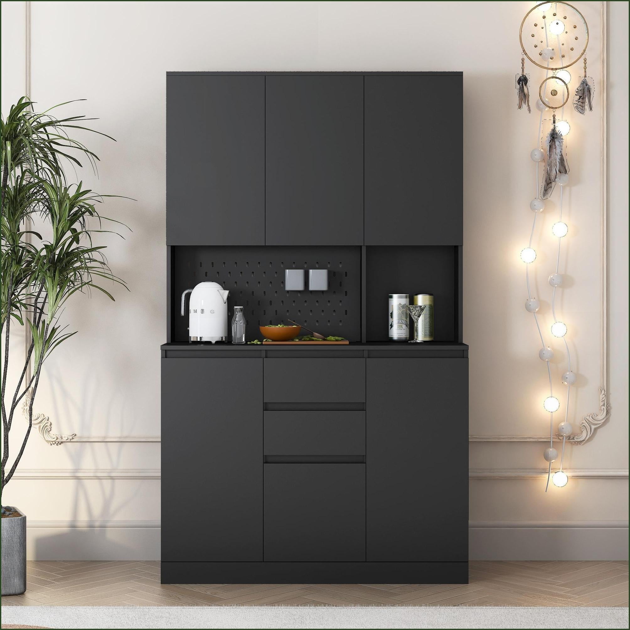 74'' Modern Black Kitchen Pantry Cabinet | 6 Doors, 2 Drawers, USB/AC ...