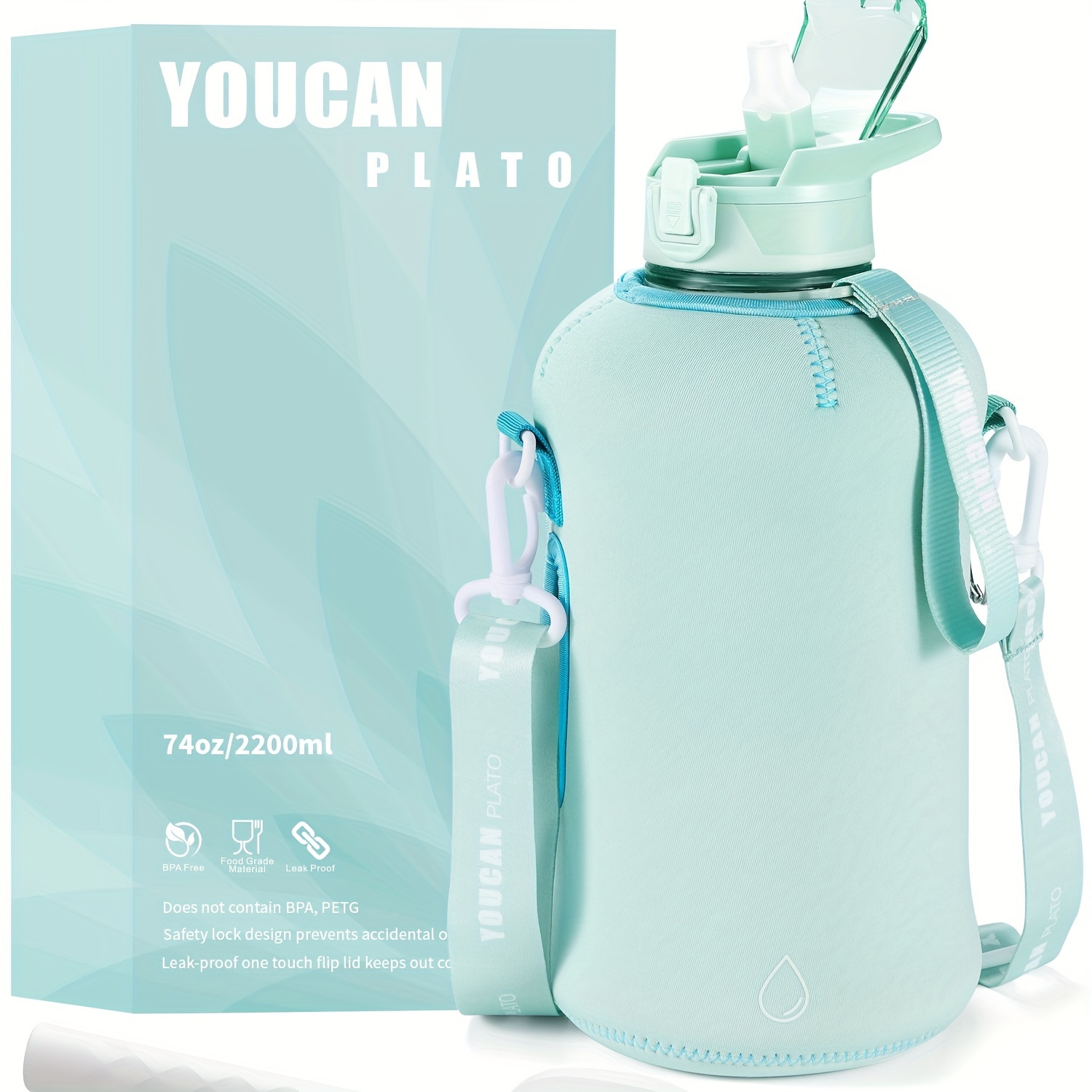 74 Oz/2200 ML Half Gallon Water Bottle With Sleeve-Large Water Bottle ...