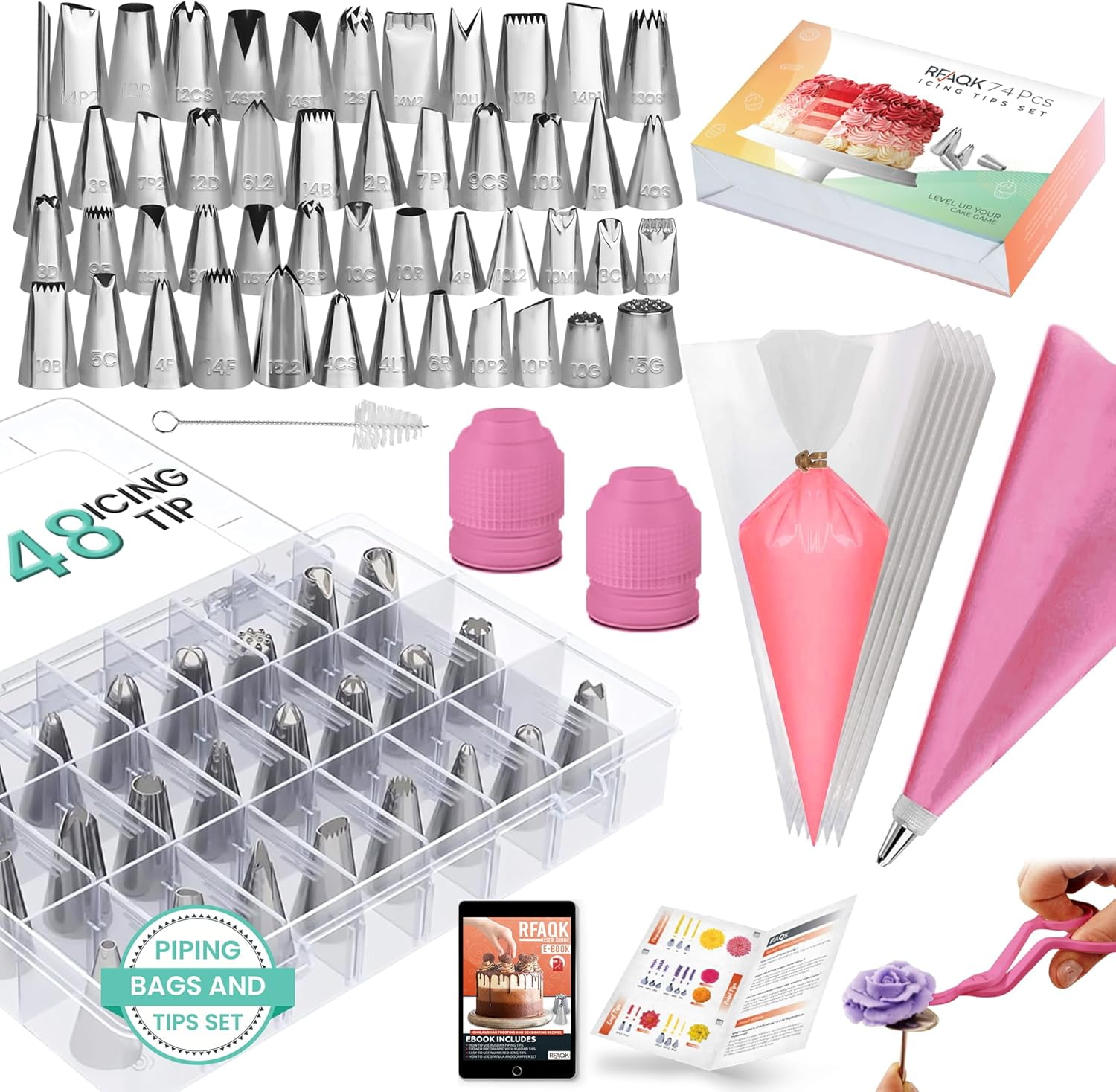 74 PCs Icing Piping Bags and Tips Set, Cake Decorating Kit with 48 ...