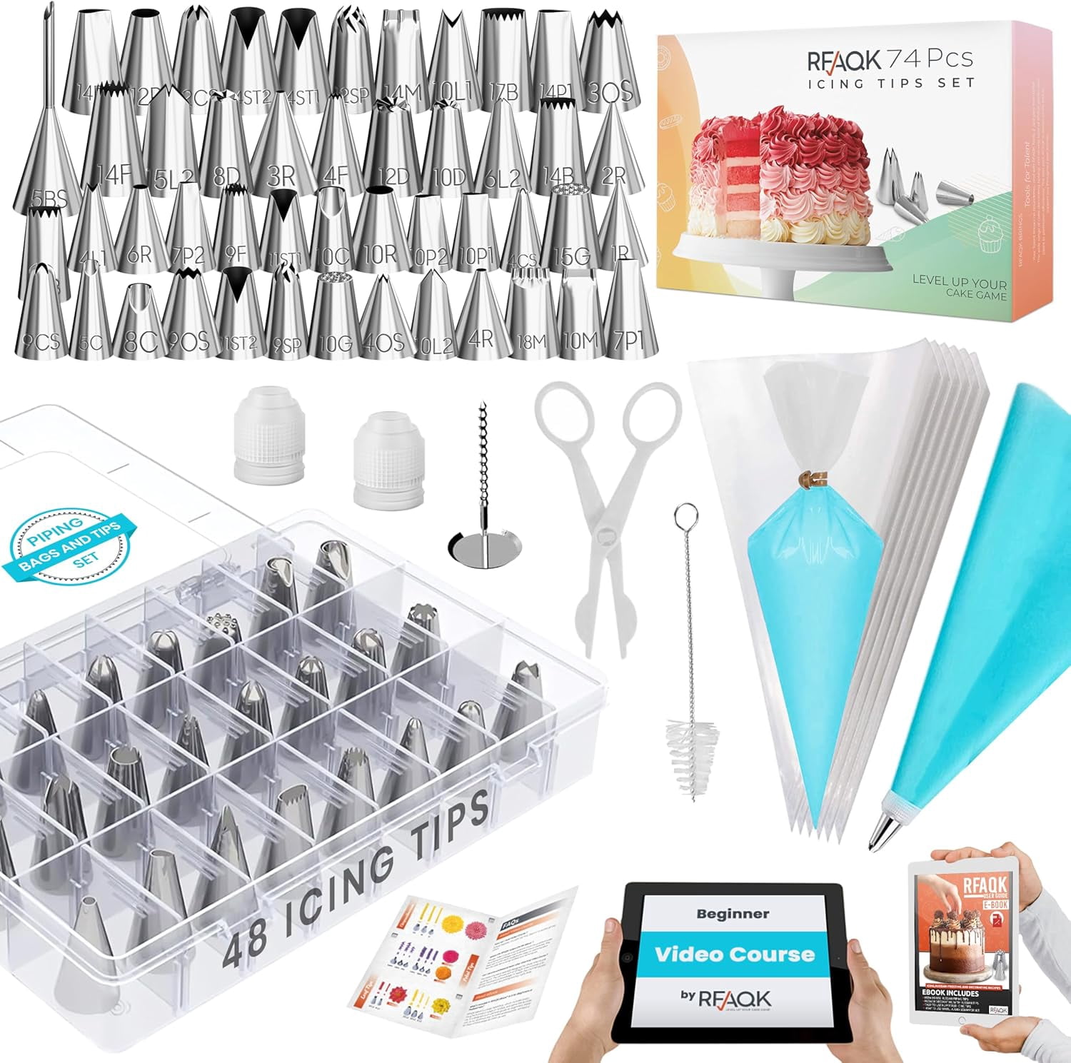 74 PCs Icing Piping Bags and Tips Set, Cake Decorating Kit with 48 ...