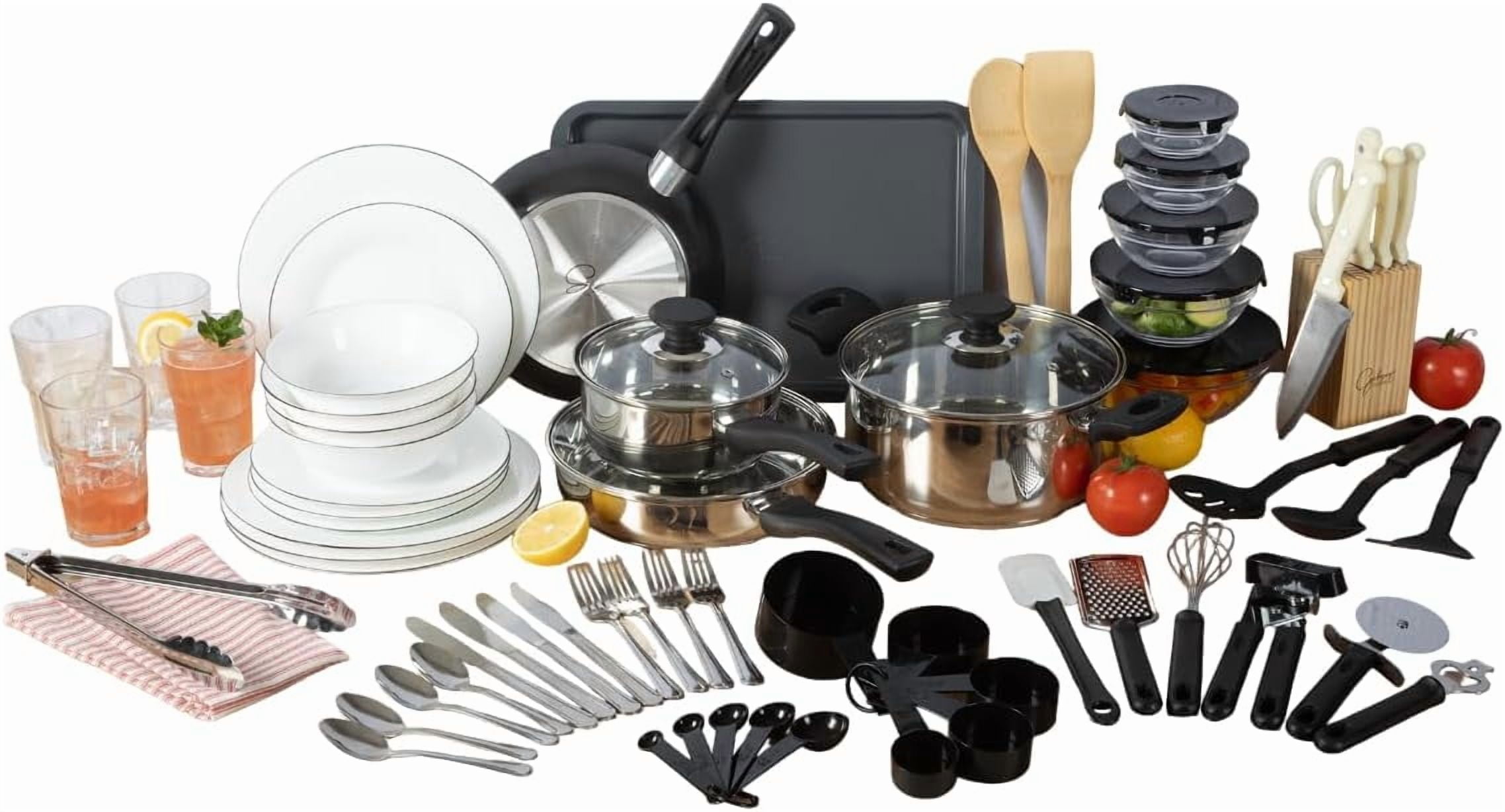 74 Piece Kitchen in a Box Pots and Pans Cookware, Plates Bowls ...