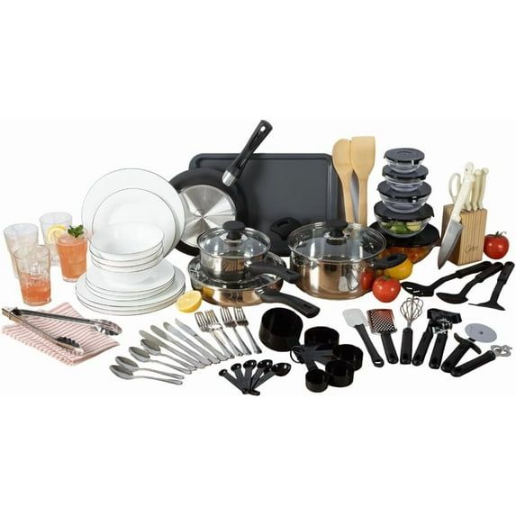 74 Piece Kitchen in a Box Pots and Pans Cookware, Plates Bowls ...