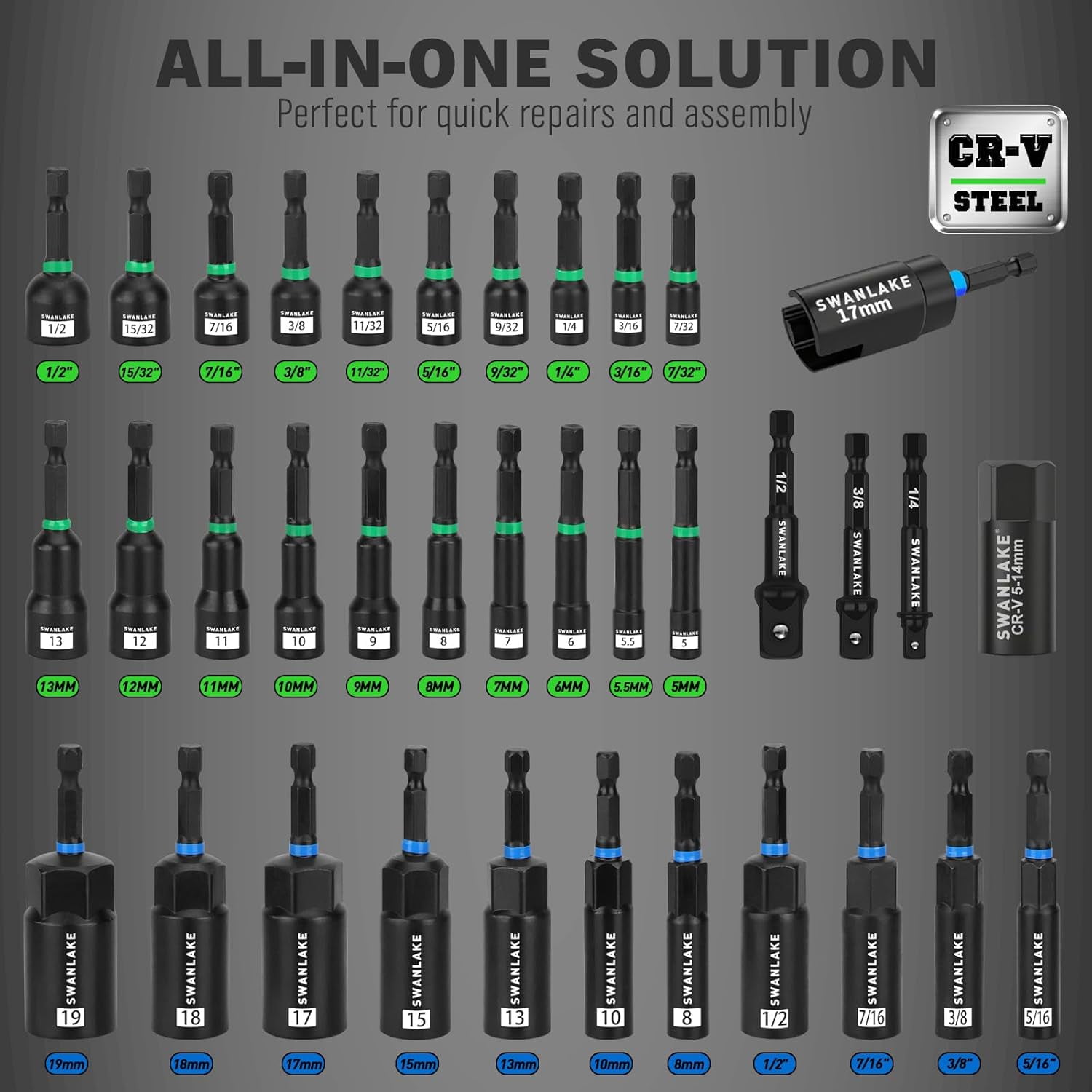 74-Piece Magnetic Nut Driver Set for Impact Drill Metric & SAE, Impact ...