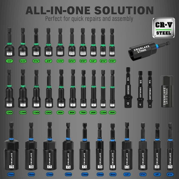 74-Piece Magnetic Nut Driver Set for Impact Drill Metric & SAE, Impact ...