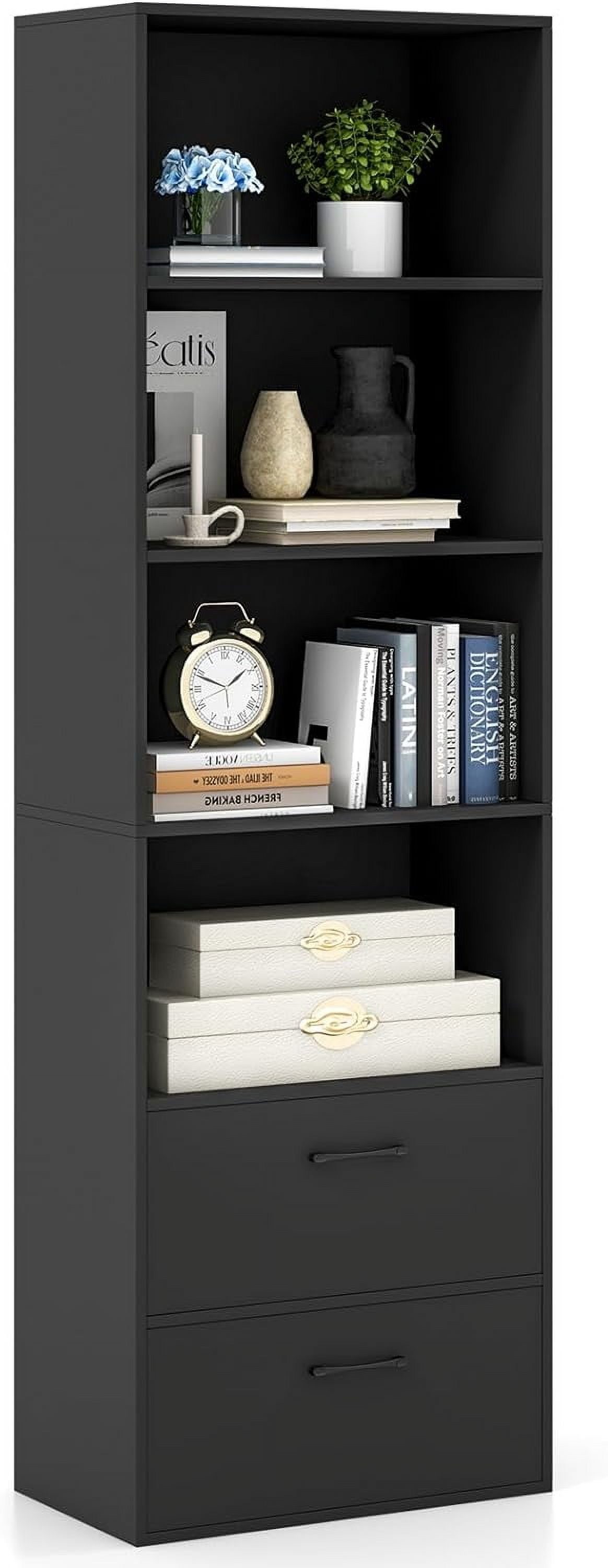 74" Tall Bookcase, Freestanding Bookshelf w/ 4 Open Shelves & 2 Drawers ...