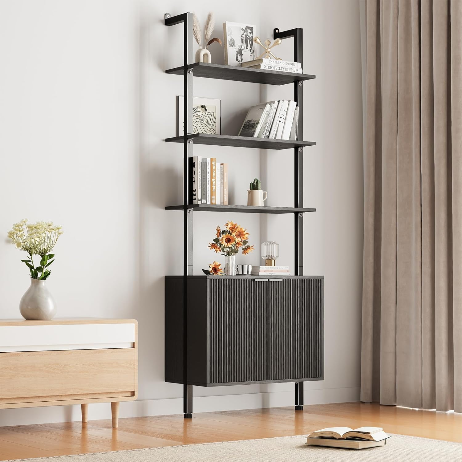 74" Tall Bookshelf with Storage Cabinet, Modern Ladder Shelf with Wood ...