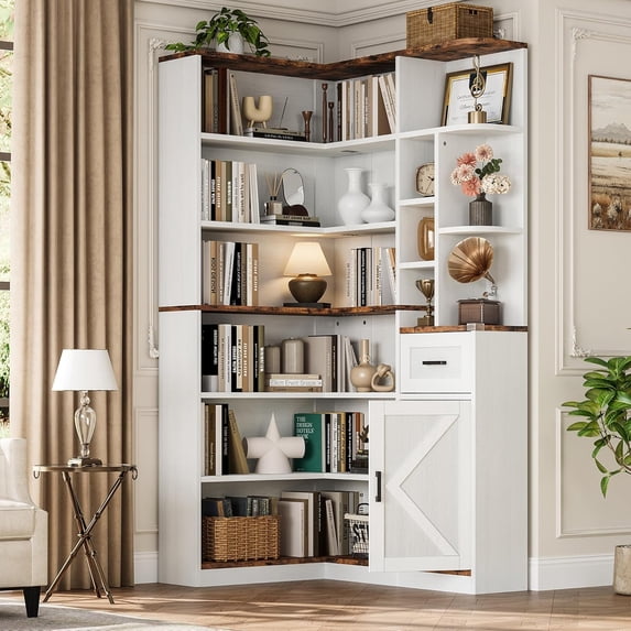 74'' Tall Corner Bookshelf - 6-Tier Book Shelf with Drawer and Cabinets ...