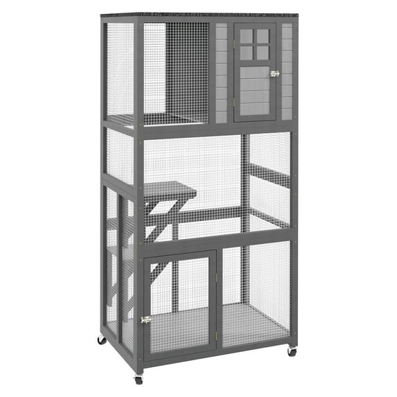 74" Wooden Catio Outdoor Cat House Weatherproof & Wheeled, Outside Cat ...