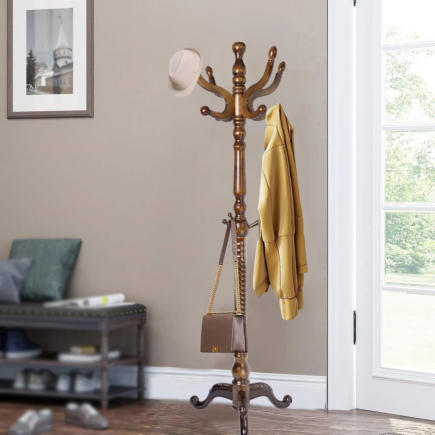 74" Wooden Coat Rack Stand,Coat Racks Freestanding With 14 Hooks And ...
