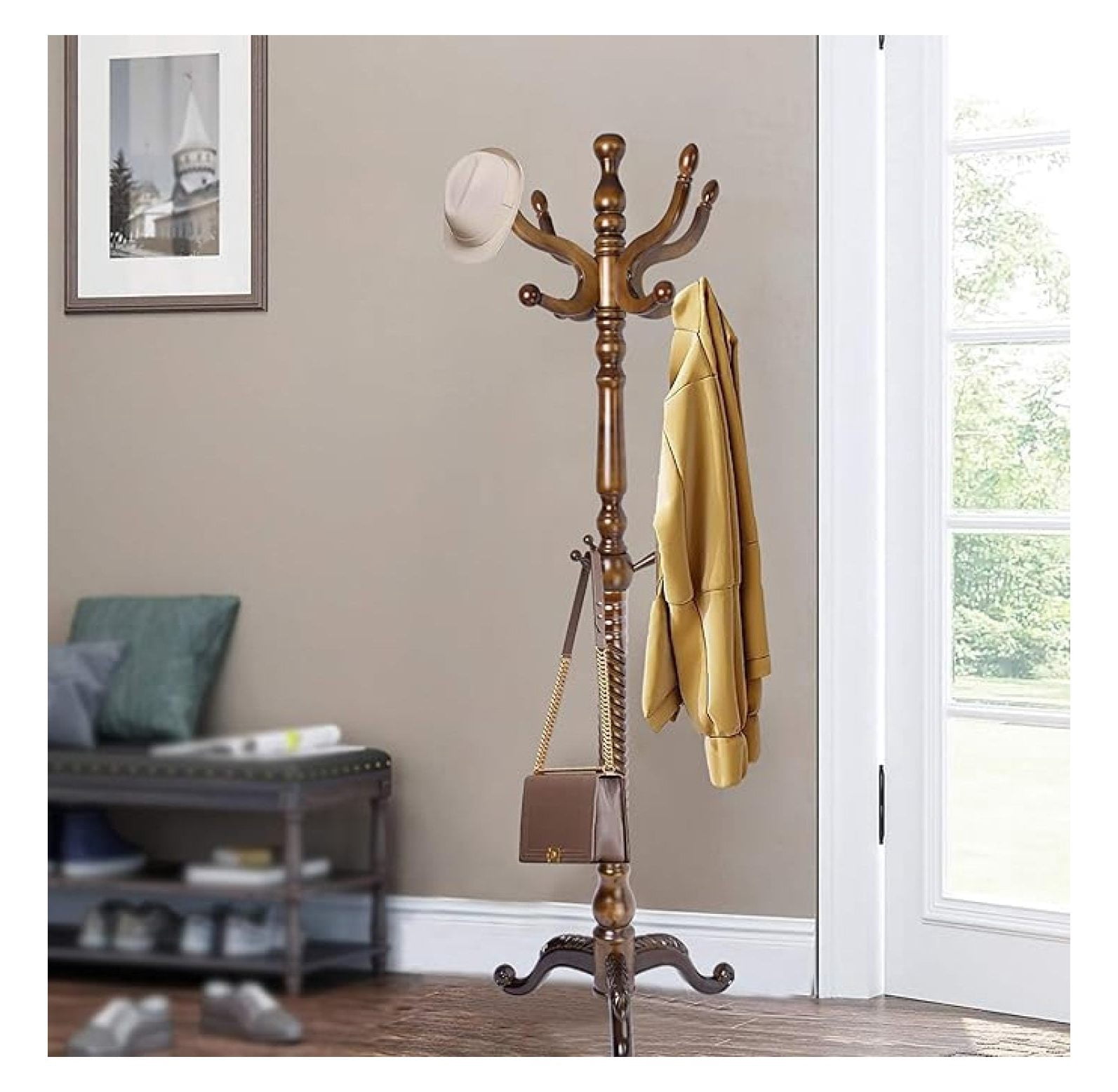 74" Wooden Coat Rack Stand,Coat Racks Freestanding With 14 And Solid ...
