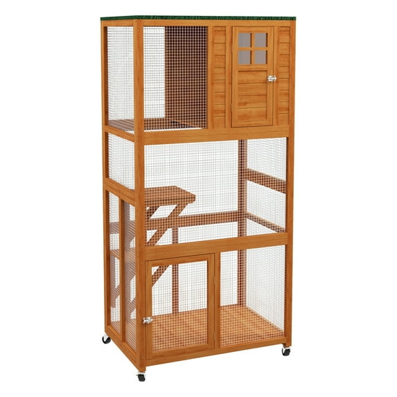 74" Wooden Outdoor Cat House Weatherproof & Wheeled, Catio Outdoor Cat ...
