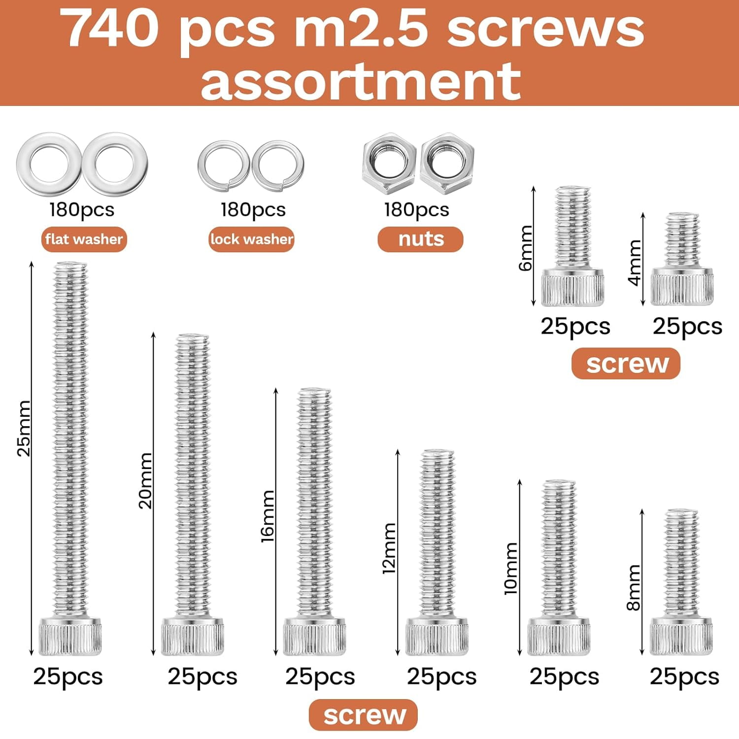 740 Pcs M2.5 Screws Kit M2.5 Screw Assortment Nuts and Bolts Assortment ...