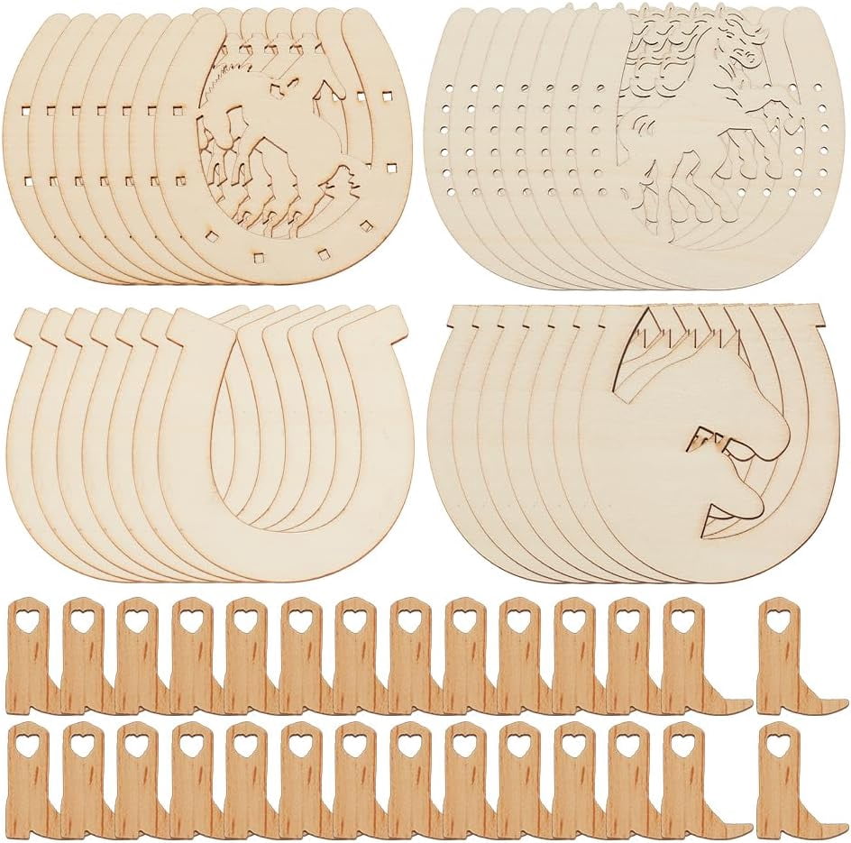 74Pcs 5 Styles Unfinished Cowboy Wooden Cutouts Blank Horseshoe Wood ...