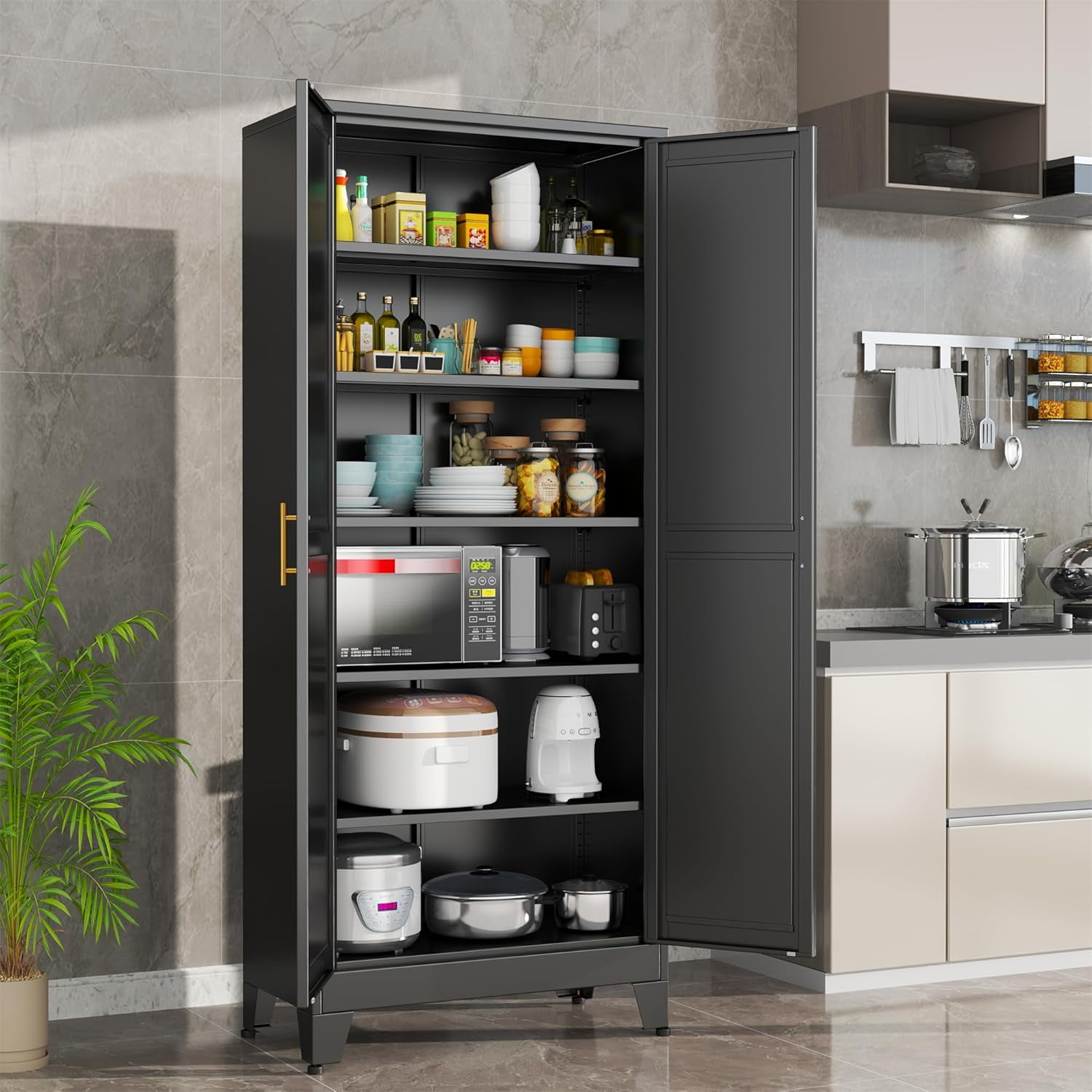 75.2”H Metal Kitchen Pantry Storage Cabinet, Storage Cabinets with ...
