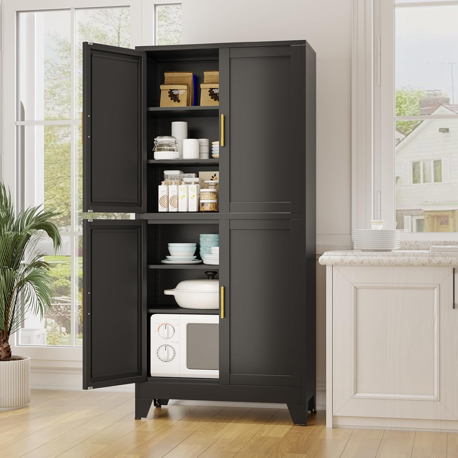 75.2”H Metal Pantry Storage Cabinet, Bathroom Storage Cabinets with 4Door Adjustable Feet and ...