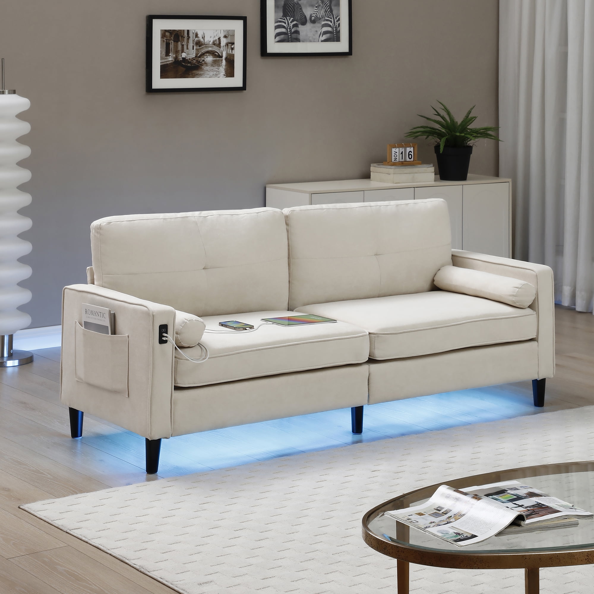 75.2" Modern Linen Sofa Couch with Side Pockets, USB Ports and LED ...