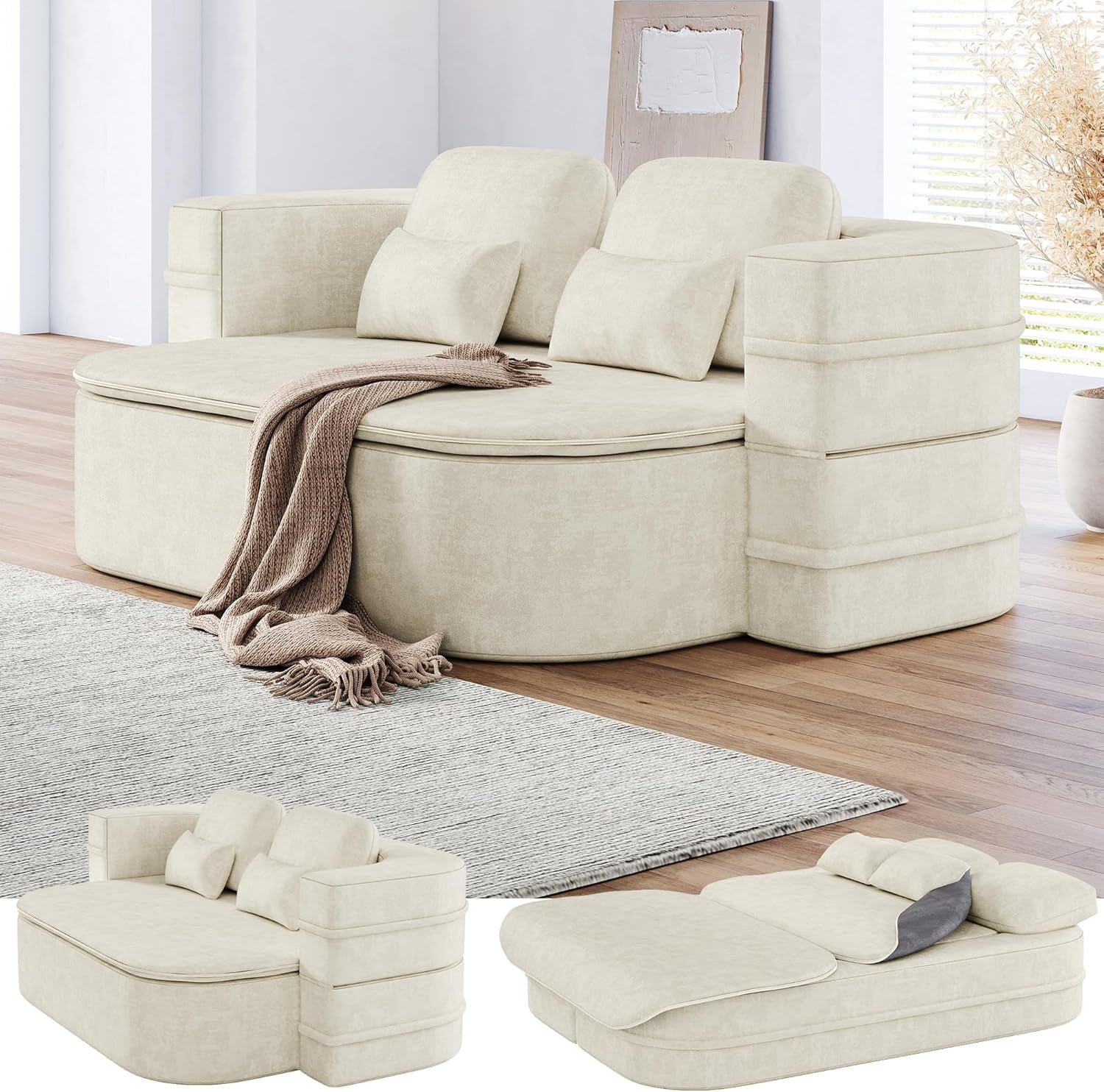 75" 2-in-1 Foldable Sofa Bed, Chenille Convertible Boneless Sofa Couch ...