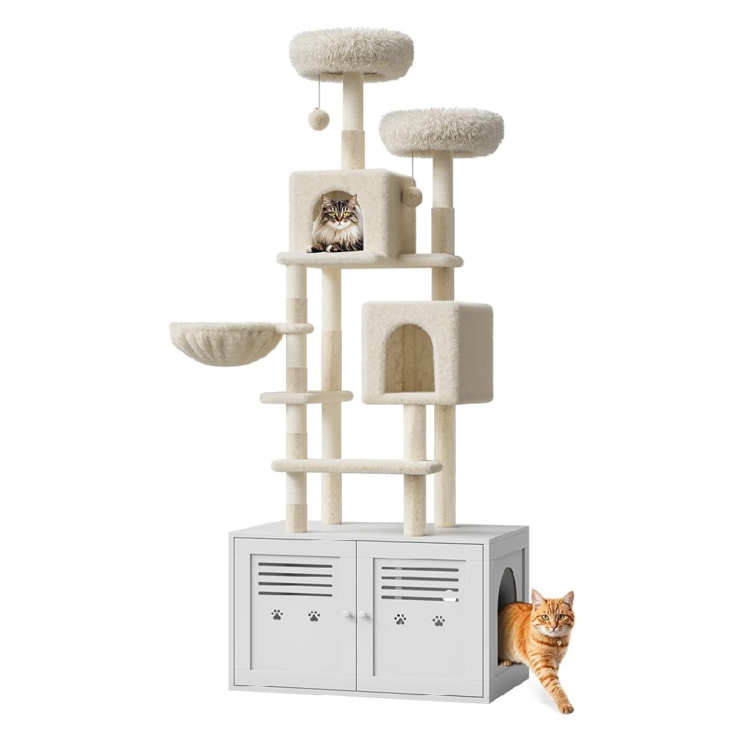 75.6-Inch Tall Cat Tree with Litter Box Enclosure, 2-in-1 Modern Large ...