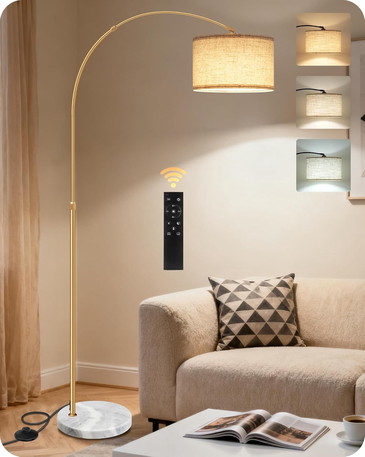 75" Arc Floor Lamp with Marble Base and Adjustable Height, Rotating ...