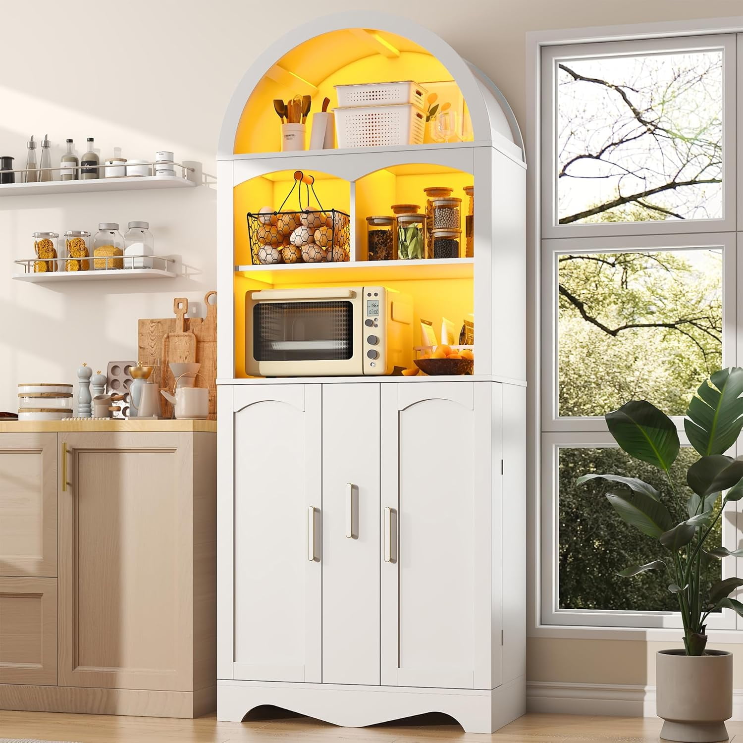 75”Arched Pantry Cabinets with Microwave Shelf, Tall Kitchen Pantry ...