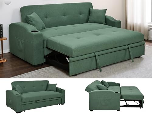 75'' Queen Size Sleeper Sofa Couch with Pull Out Bed and Cup Holders ...