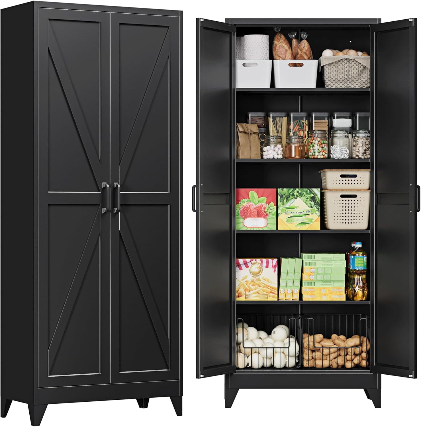 75" Farmhouse Metal Storage Cabinet with Doors and 4 Adjustable Shelves ...