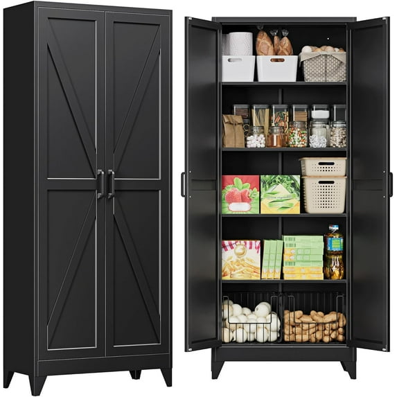 75" Farmhouse Metal Storage Cabinet with Doors and 4 Adjustable Shelves ...