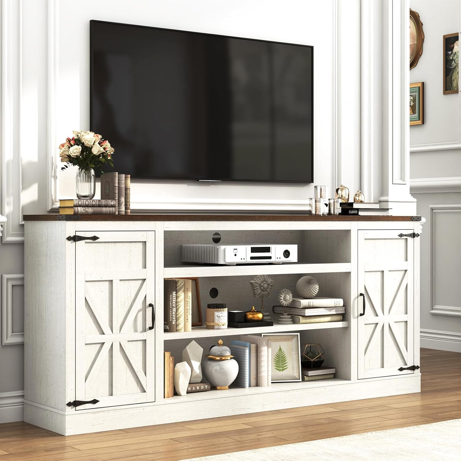 75" Farmhouse TV Stand with Power Outlets for 85 Inch TVs, 33" Tall ...
