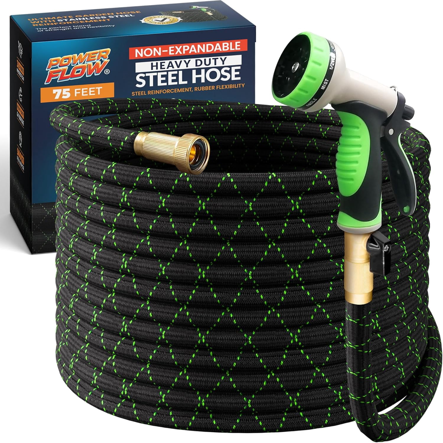 75 Ft Stainless Steel Garden Hose with Durable Fabric Cover and 10-Way ...