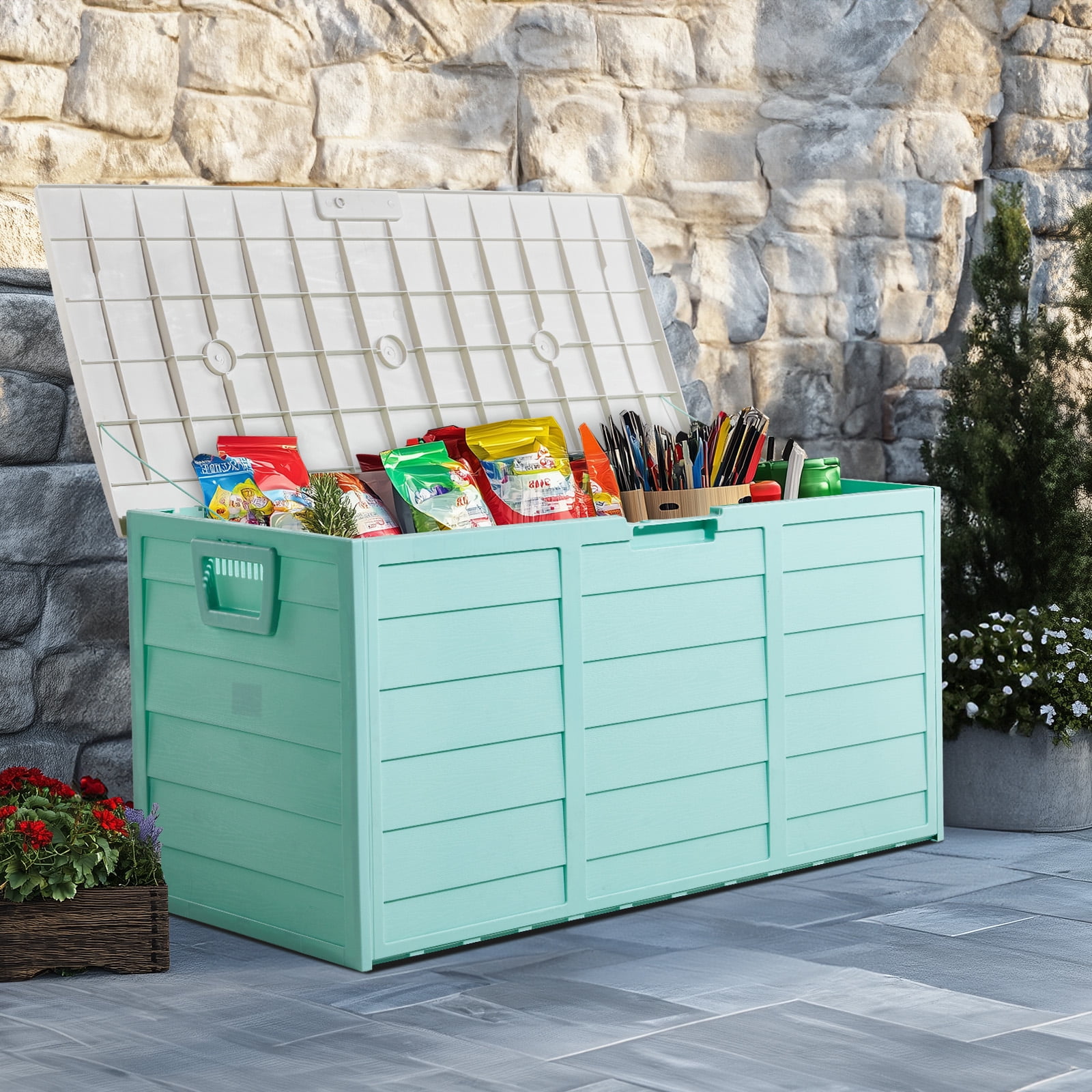75-Gallon Green Plastic Yard Storage Bin with White Lid, Wood Grain ...