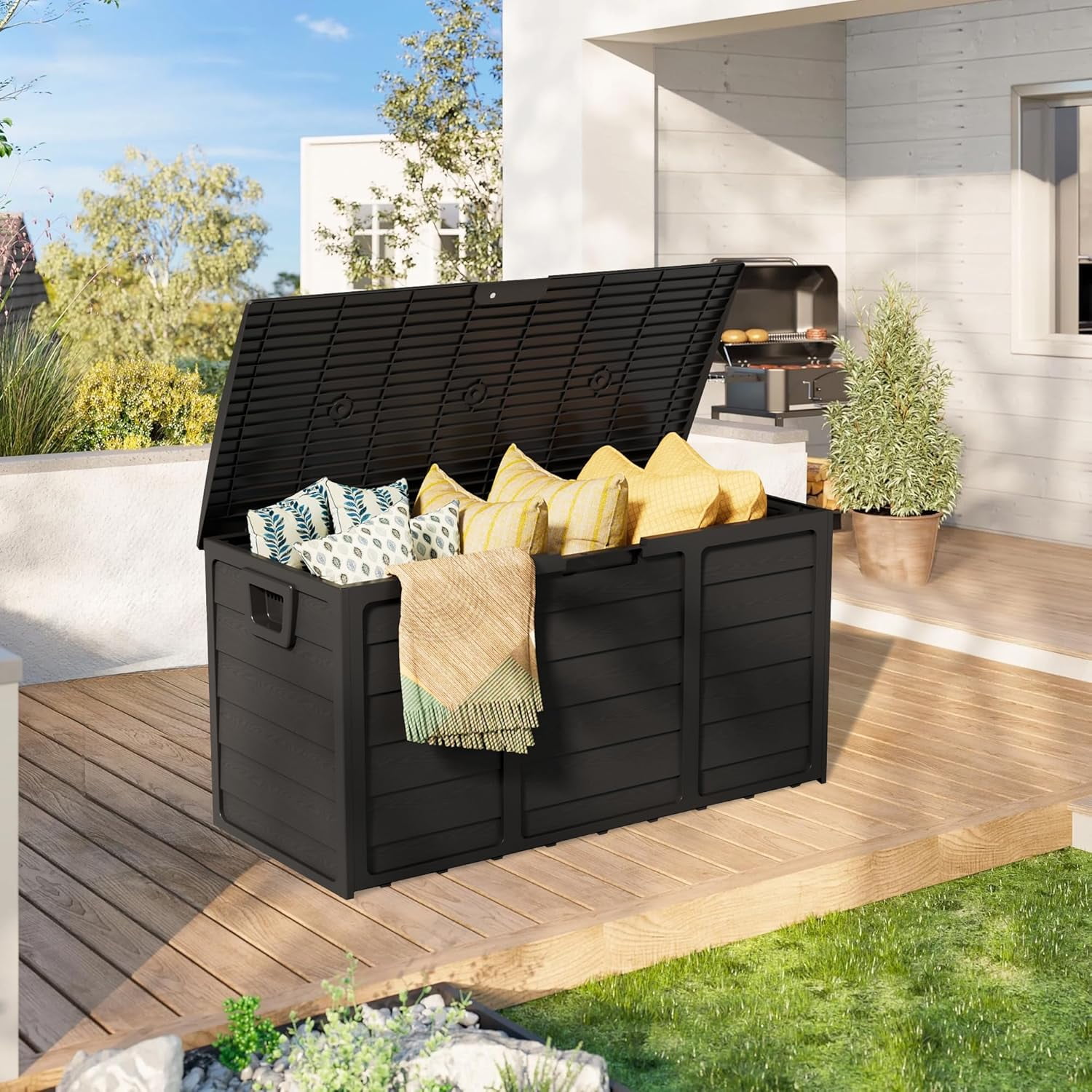 75 Gallon Outdoor Deck Storage Box - Heavy Duty Resin Container with ...