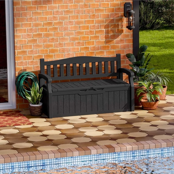75 Gallon Plastic Storage Bench, Water-Resistant Deck Box for Patio ...