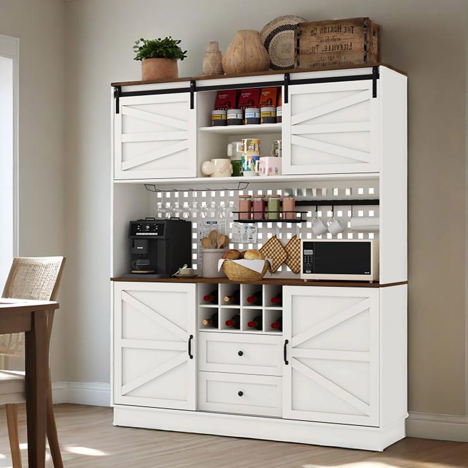 75"H 63"W Farmhouse Pantry Cabinet with Hutch & Power Outlet Pegboard ...