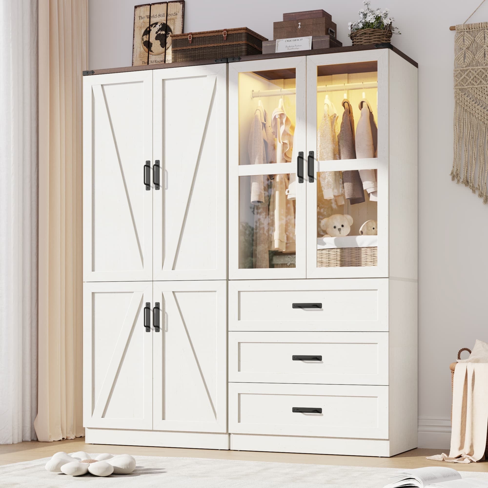 75" H Armoire Wardrobe Closet with LED Lights & 3 Drawers, Hanging Rod ...