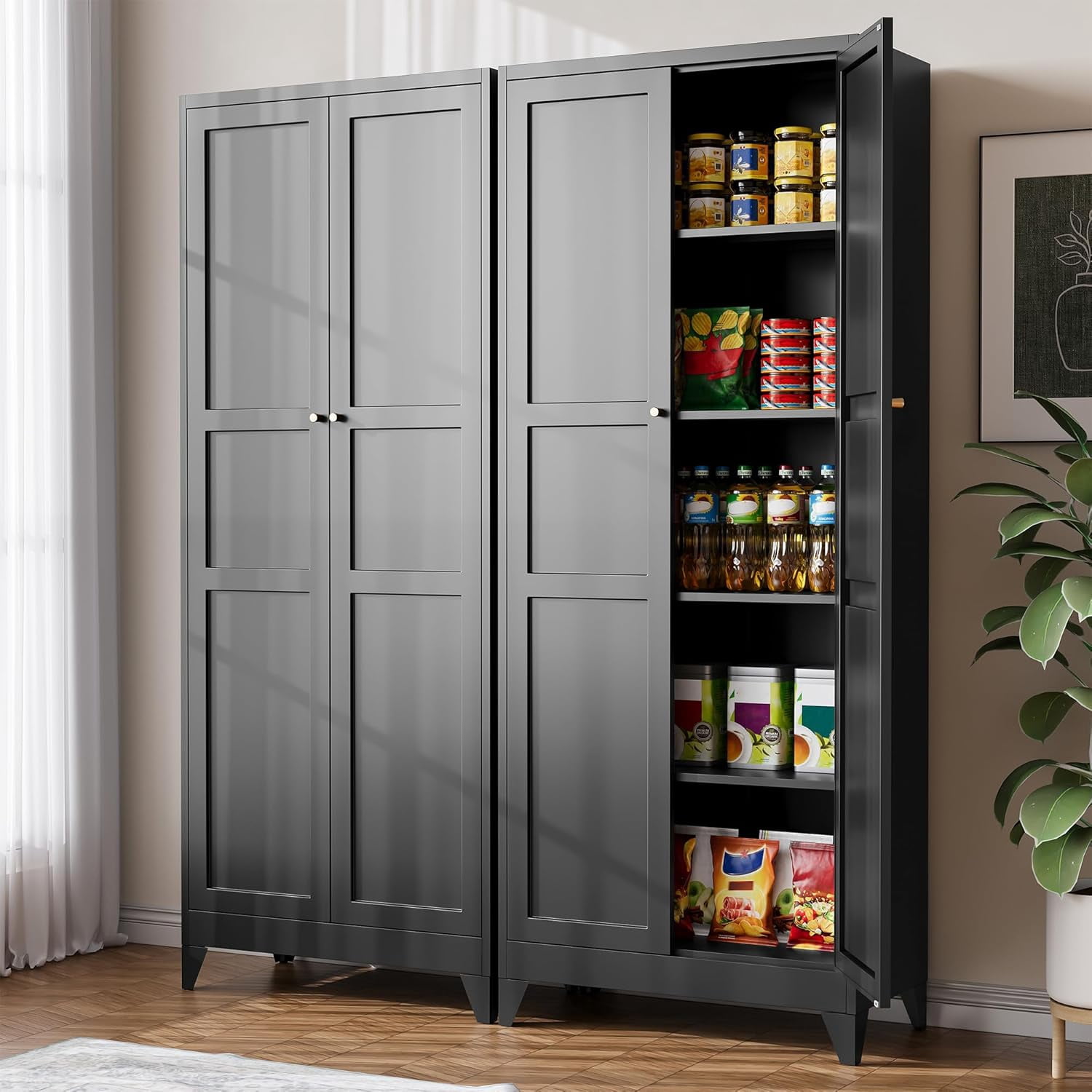 75''H Pantry Cabinet with Adjustable Shelves Metal Kitchen Storage ...