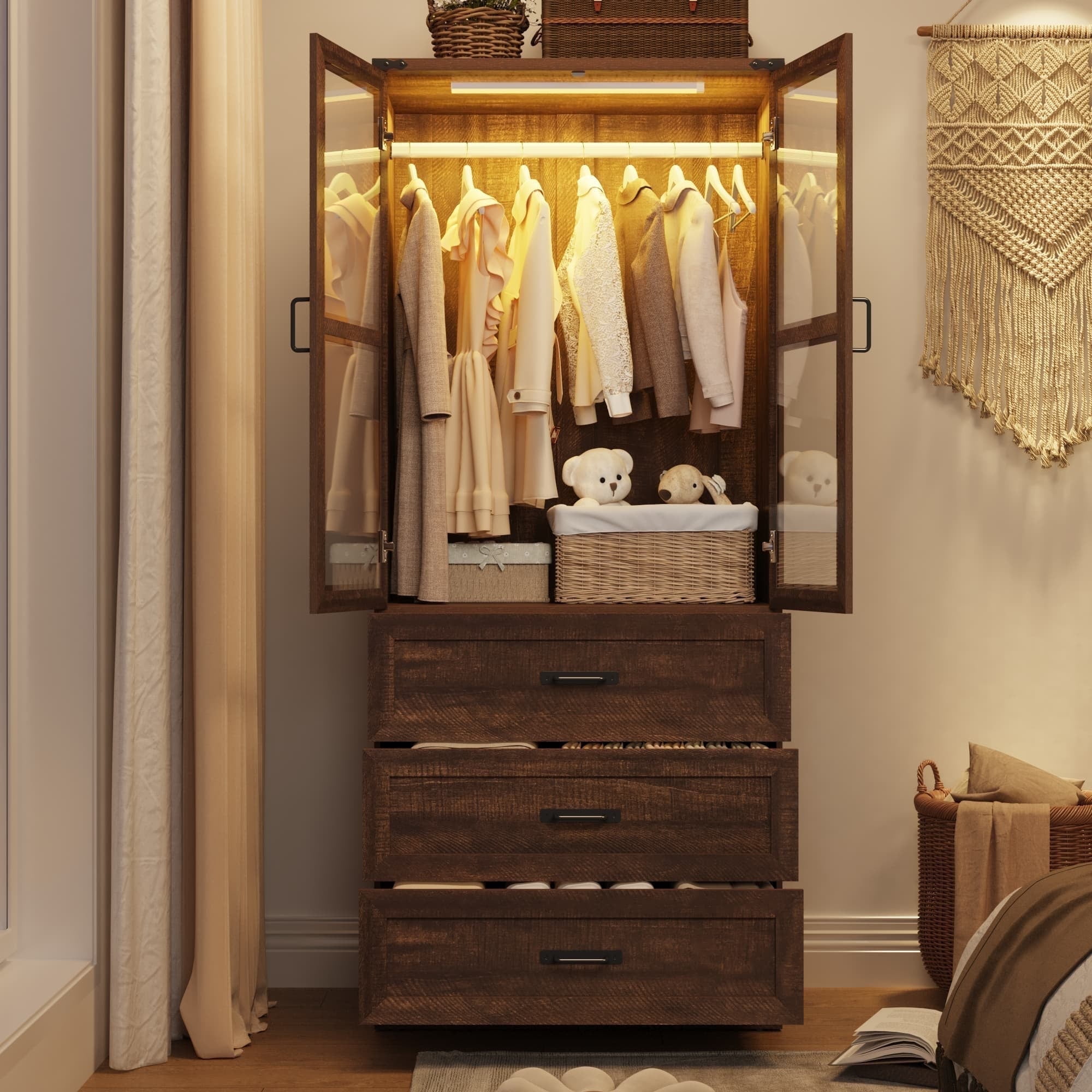 75" H Wardrobe Closet with LED Light & Glass Door, Modern Armoire ...