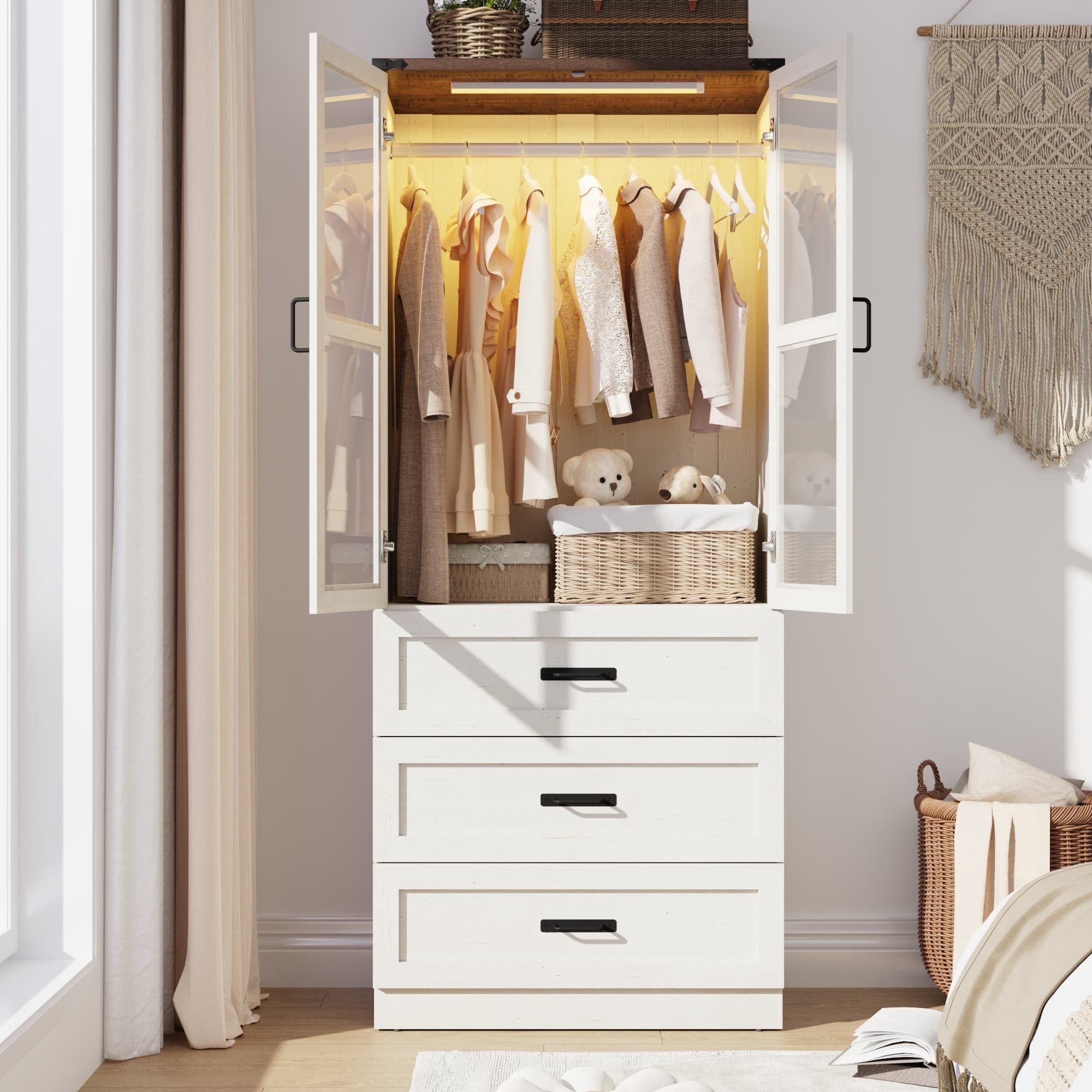 2 Glass Doors Armoire Wardrobe Closet with 3 Drawer & LED Light,75"H ...